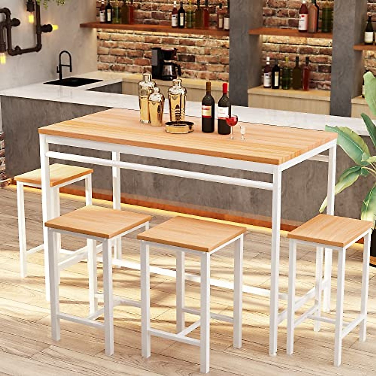 Recaceik Dining Table Set for 4 Kitchen Table and Chairs Set of 4, 5 Pieces Bar Table Set with 4 Stools Counter Height Dining Room Table with Metal Legs for Dinette Breakfast Nook, 47'' Walnut
