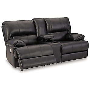 Signature Design by Ashley Mountainous Modern Leather Match Wall Hugger Power Reclining Loveseat with Adjustable Headrest, USB Ports, Storage and Cup Holders, Black