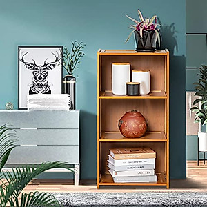 MoNiBloom Bamboo 3 Tier Narrow Bookshelf Freestanding Display Storage Shelves Cabinet Furniture for Bedroom Living Room Kitchen, Brown