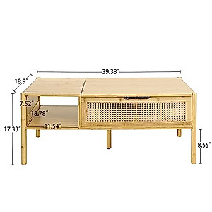 Modern Natural Bamboo and Rattan Table, Lift Coffee Table. Adjustable Storage Rack Living Room