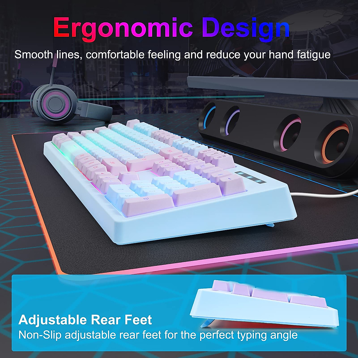 HUO JI Gaming Keyboard USB Wired with Rainbow LED Backlit, Quiet Floating Keys, Mechanical Feeling, Spill Resistant, Ergonomic for Xbox, PS Series, Desktop, Computer, PC, Blue Purple