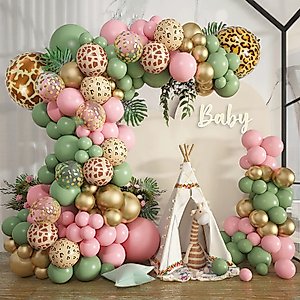 Amandir 170Pcs Jungle Safari Balloons Garland Arch Kit Animal Printed Pink Sage Green Balloons Wild One Giraffe Leopard Safari Baby Shower Decorations for Girl Birthday Party Supplies