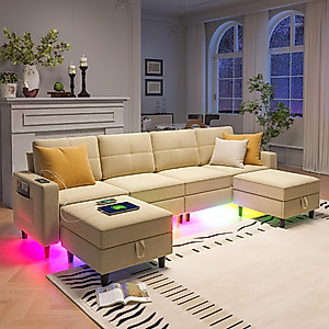 FOMNEY Sectional Couche for Living Room, Modular U Shaped Sofa Couchs with RGB Lights and Charging Ports, 6 Seat Convertible Sectional Sofa with Storage Ottoman (Beige)