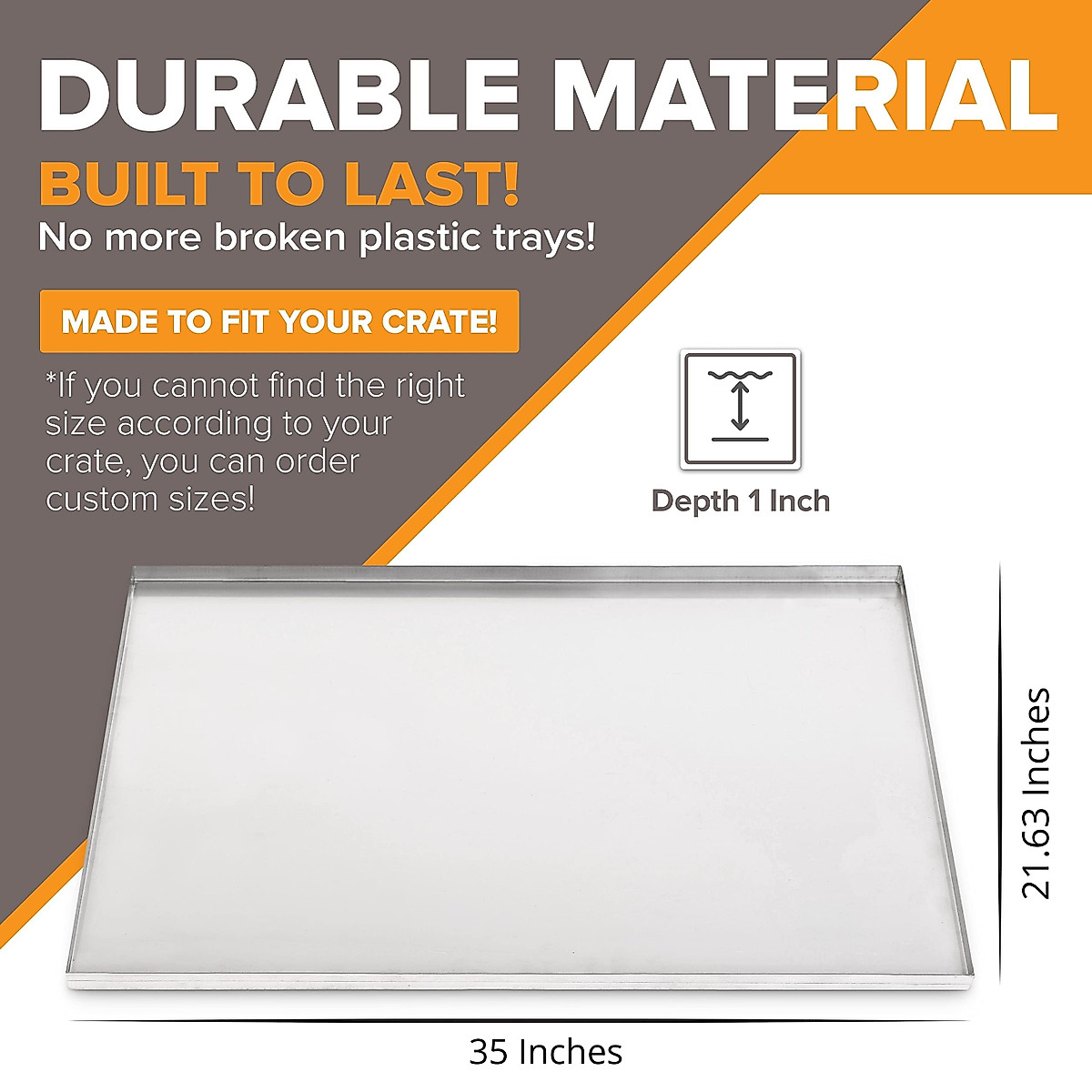 Pinnacle Systems 35" x 21.63" Metal Replacement Dog Crate Pan Chew Proof Crack Proof Pet Kennel Tray Central Dog Training Crate Pan Pet Supplies, Galvanized, 1" H