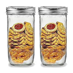 Wide Mouth Mason Jars 24 oz - (2 Pack) - Ball Wide Mouth 24-Ounces Pint and a Half Mason Jars With Airtight lids and Bands - Clear Glass Mason Jars For Storage, Canning, Fermenting, Overnight Oats, Cold Brew Coffee, Freezing + M.E.M Rubber Jar Opener Incl