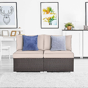 HAPPYGRILL 2PCS Patio Armless Sofa Set Outdoor Rattan Wicker Sectional Sofa Chairs with Cushions for Garden Balcony Patio Poolside