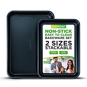 NutriChef Non-Stick Cookie Sheet Baking Pans - 2-Pc. Professional Quality Kitchen Cooking Non-Stick Bake Trays w/ Blue Diamond Coating Inside & Outside, Dishwasher Safe - NutriChef, One Size