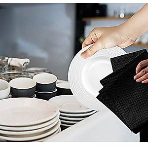 Nap n Dish Kitchen Towels 100% Cotton Waffle Weave Dish Towels, Set of 12 Bar Towels, Quick Drying Tea Towels with Hanging Loop, Washable Bar Towels for Table/Kitchen Cleaning-Black