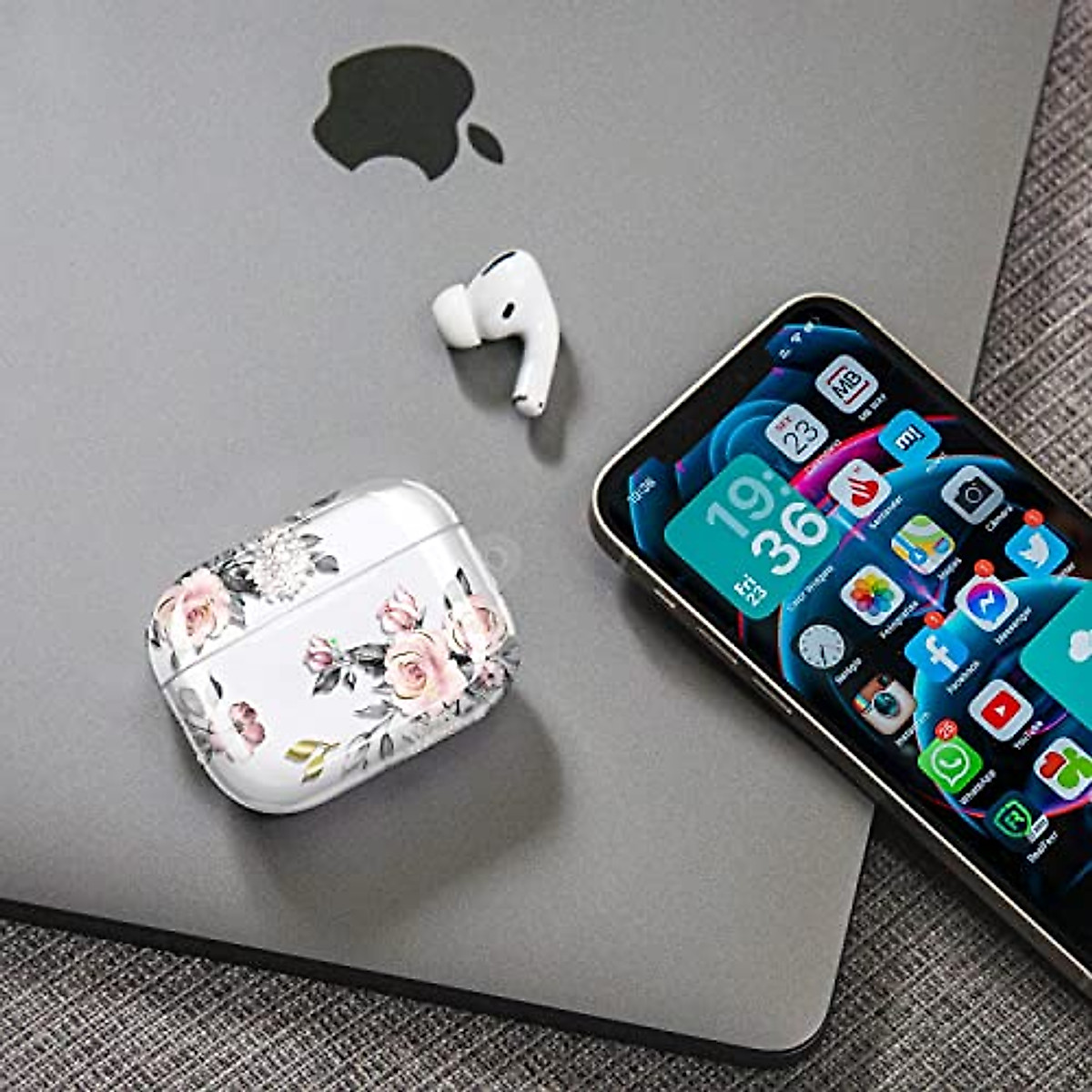 RXKEJI Compatible AirPods Pro Case Cover, Rose Flower Clear Case Cute Protective Soft Shockproof Cover with Keychain for Women Girls Compatible with AirPods Pro Wireless Charging Case - Pink