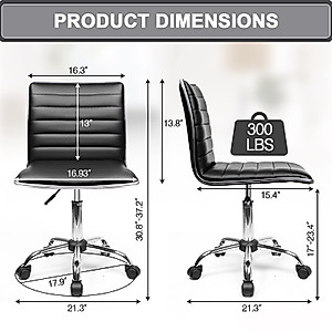 OFIKA Armless Office Desk Chair, Adjustable Task Chair, Low Back Faux Leather Ribbed Swivel Chair, Home Computer Chair Retro with Wheels, Vanity Chair，Black