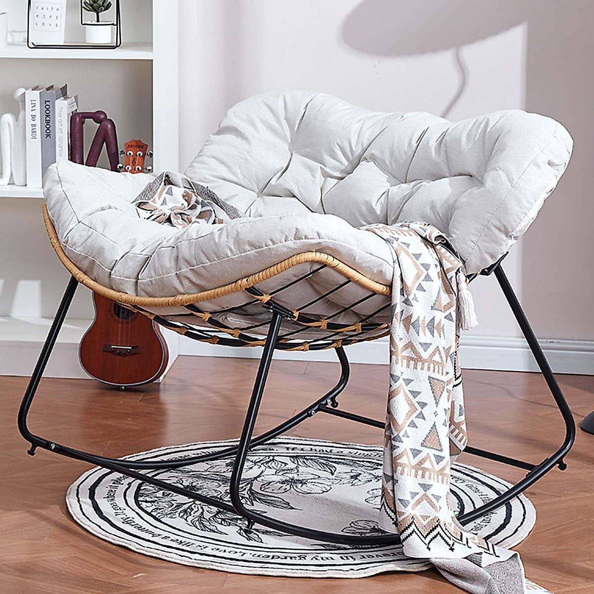 TALFEHR Outdoor Papasan Rocking Chair with Padded Cushion, Oversized Comfy Patio Chair Indoor Wicker Egg Rocker Chair, Steel Frame Modern Lounge Chair for Balcony (Dark Grey,441lb Capacity)