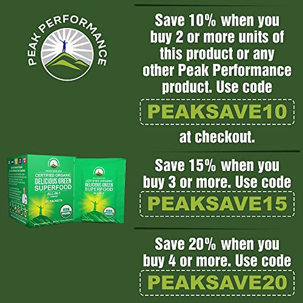 Peak Performance Organic Greens Superfood Powder Single Serve Travel Packets. Best Tasting Organic Green Juice Super Food with 25+ All Natural Ingredients for Max Energy and Detox. (20 Pack)