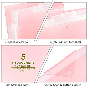 SKYDUE Expanding File Folders 5 Pockets File Folder with Snap Closure A4 and Letter Size Accordion Document Paper Organizer for Home School Office (Pink)