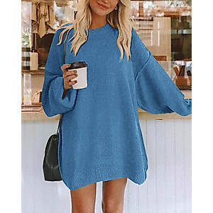 BTFBM 2025 Womens Sweaters Casual Crewneck Long Sleeve Oversized Sweater Dress Fall Winter Loose Slouchy Soft Pullover(Solid Blue, Large)