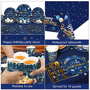 Capoda Birthday Party Supplies Happy Birthday Tableware Set Confetti Starry Tablecloth Plates Cups Napkins Dinnerware for Kids Adults Party Supplies Decor(Navy Blue and Gold)