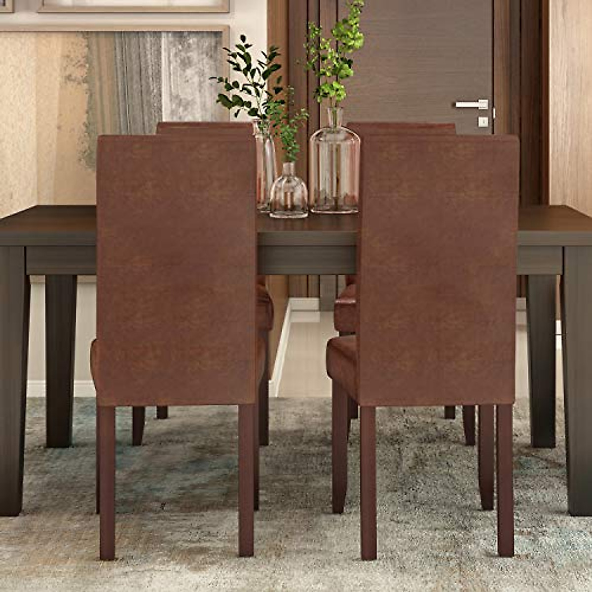 SIMPLIHOME Acadian Parson Dining Chair (Set of 2), Distressed Saddle Brown Faux Leather and SOLID WOOD, Square, Upholstered, For the Dining Room, Transitional Modern