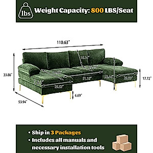 Olela U Shape Sectional Sofa,Modern Large Chenille Fabric Modular Couch,Extra Wide Sofa with Chaise Lounge and Golden Legs for Living Room (Green)