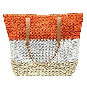 CIOOU Large Straw Tote Bag for Women Rattan Woven Beach Bag Summer Colored Stripe Shoulder Bags (orange beige nature bag totes)