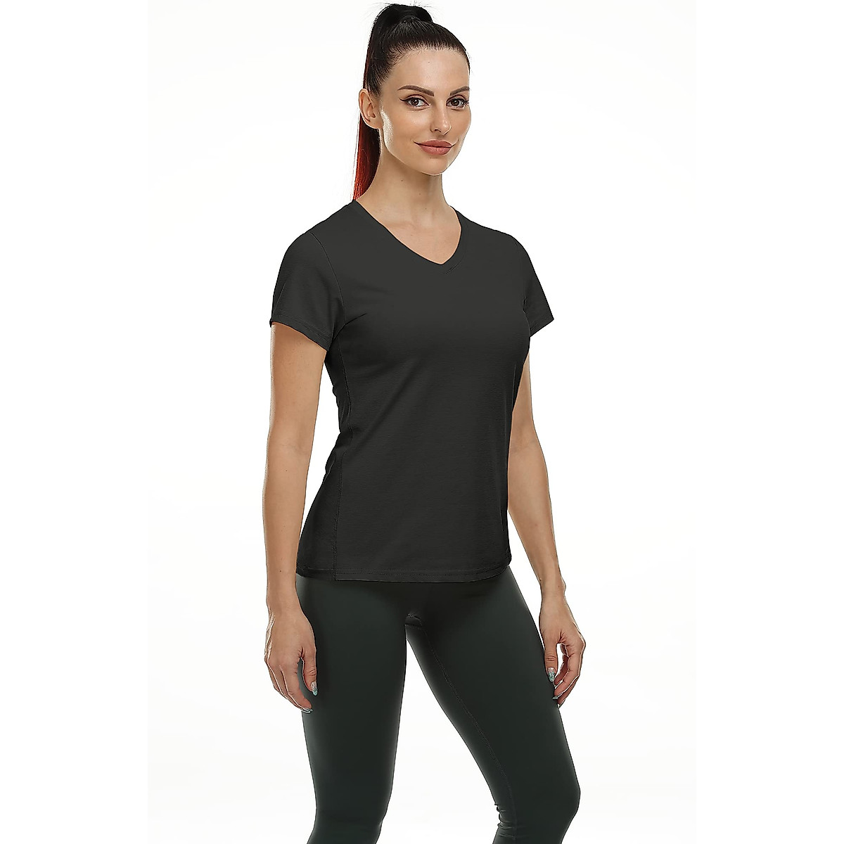 icyzone Workout Shirts Yoga Tops Activewear V-Neck T-Shirts for Women Running Fitness Sports Short Sleeve Tees (Black/Cream White/Brick, XL)