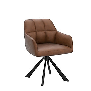 EALSON Comfy Leather Desk Chair Modern Computer Task Chair no Wheels Swivel Accent Chair with Mid Back Arm Chair for Living Room/Bedroom/Home Office, PU Brown