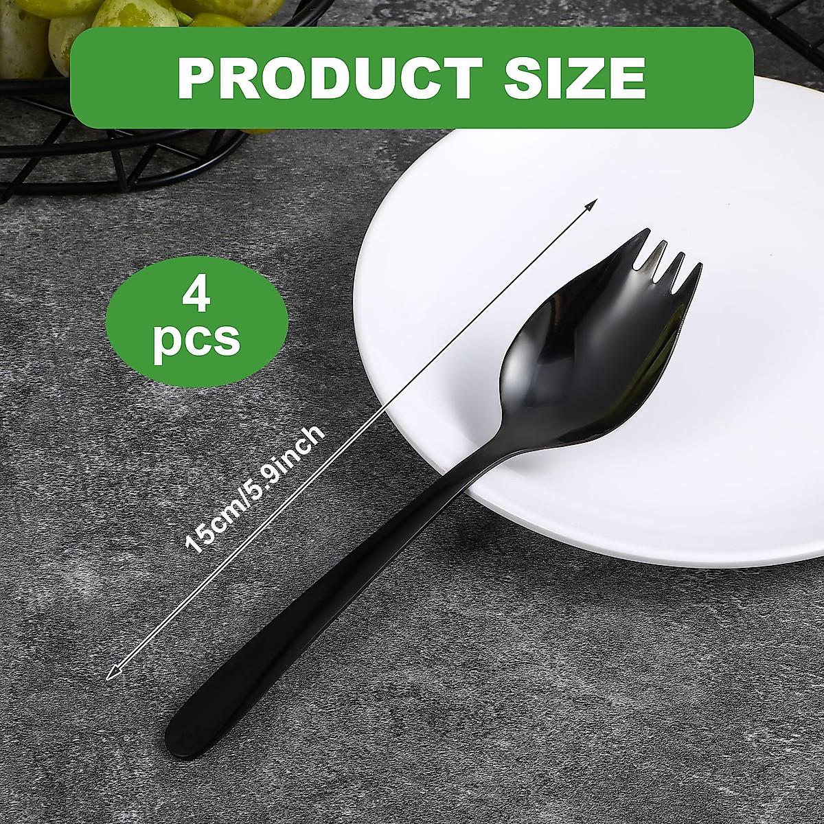 Sporks, 4 Pcs Food-grade Stainless Steel Salad Forks 5.9 Inch Reusable Metal 2 In 1 Long Handle Spork Flatware Set for Dessert, Ice Cream, Salad, Fruit, Appetizer, Noodles Household Use or Camping