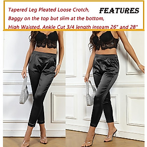 Women's Satin Silky Pants Dress Casual Pull on High Waist Pants with Pockets Drapeblack X-Large