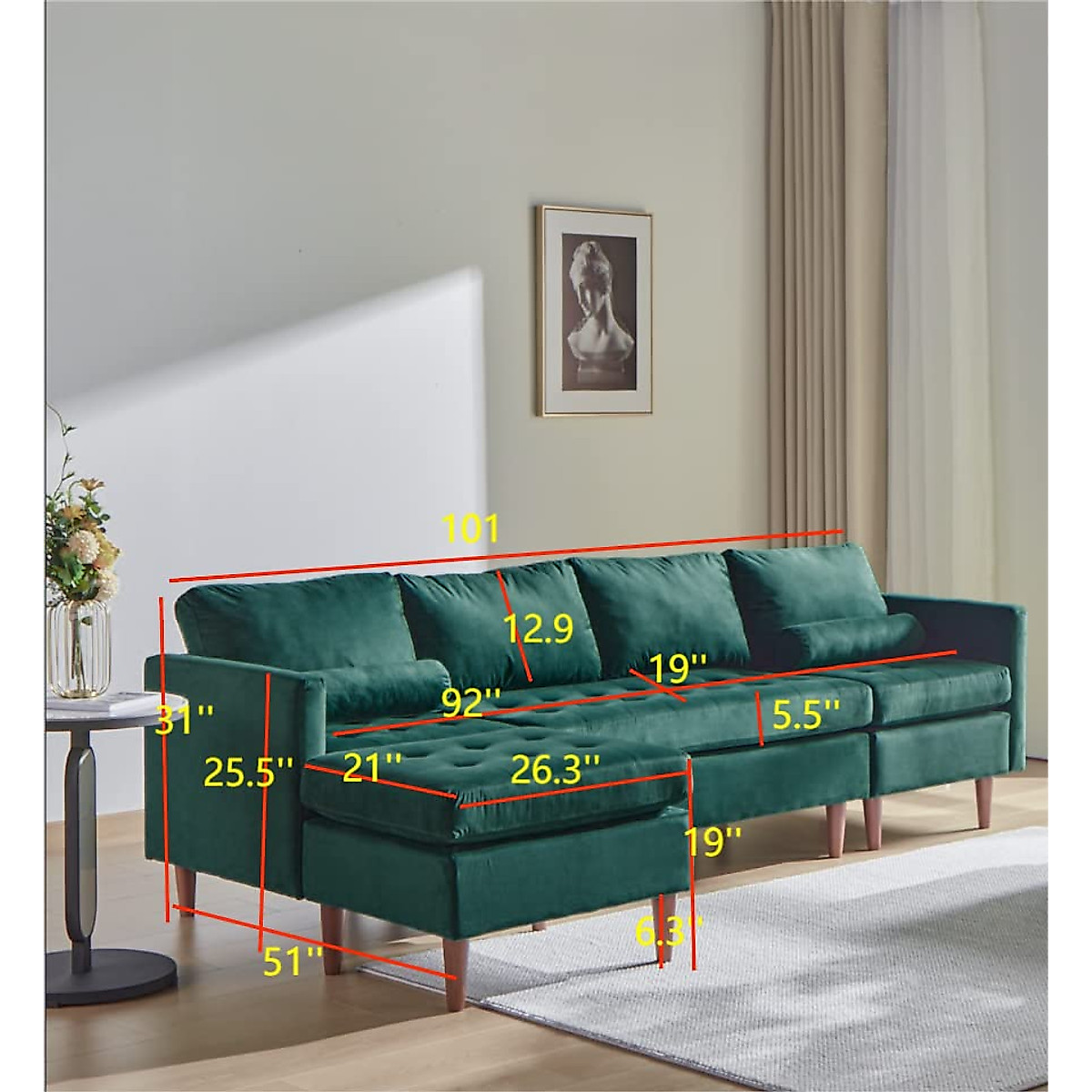 wirrytor Modular Sectional Sofa, Velvet U Shaped Couch, Modular Sectional with Reversible Ottomans for Living Room, Green