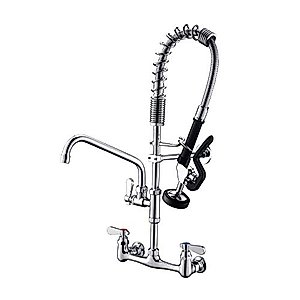 APPASO Commercial Sink Faucet with Pre-Rinse Sprayer, 8 Inch Center Wall Mount Kitchen Faucet 24” Height Compartment Sink Faucet with 12” Swivel Spout for Restaurant Industrial, Polished Chrome Finish