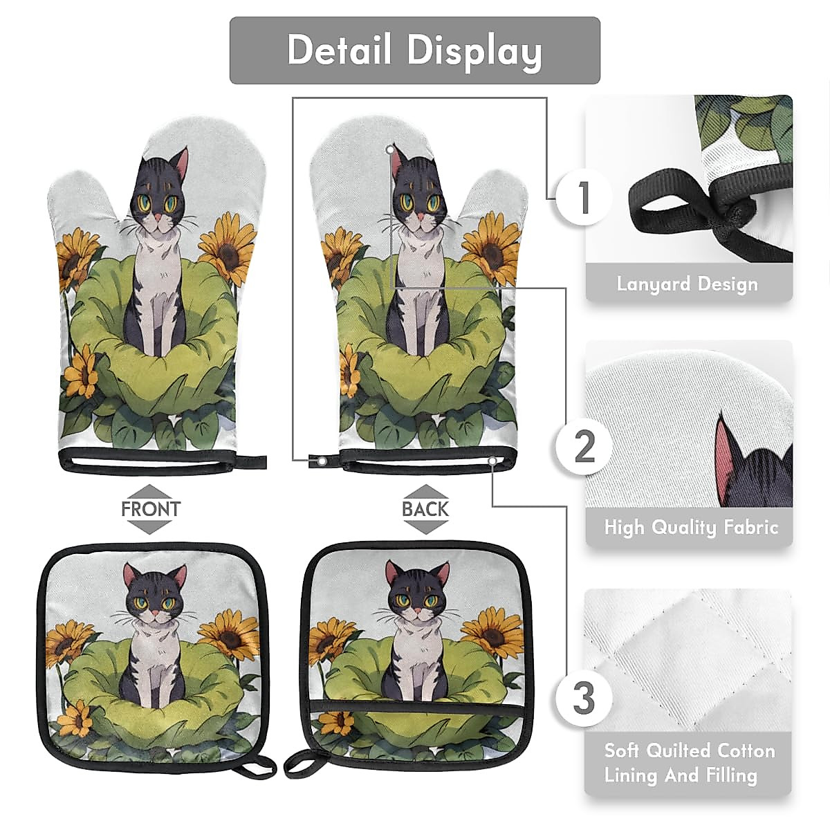 Cat Flower Pot Oven Mitts and Pot Holders Sets of 2 Heat Resistant Non-Slip Kitchen Gloves Hot Pads with Inner Cotton Layer for Cooking BBQ Baking Grilling