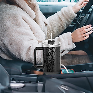 FECBK 40 oz Tumbler with Handle and Straw, 100% Leak-Proof Travel Mug, Stainless Steel Double Wall Vacuum Insulated Coffee Cup Keeps Cold For 34 Hours, Full Black Leopard