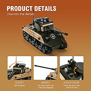 DAHONPA Sherman M4A3 Main Battle Tank Army Building Block(715 PCS),WW2 Military Historical Collection Model with 3 Soldier Figures,Toys Gifts for Kid and Adult.