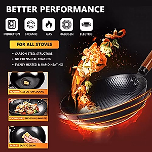 kaqinu Carbon Steel Wok Pan, 14 Piece Woks & Stir-Fry Pans Set with Wooden Lid & Cookwares, No Chemical Coated Flat Bottom Chinese Woks Pan for Induction, Electric, Gas, Halogen All Stoves - 12.6''