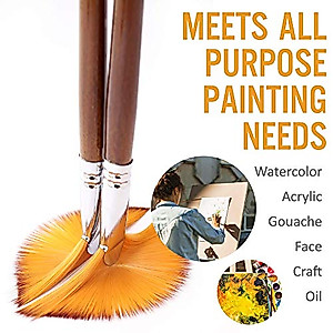 Artist Fan Paint Brushes Set 9pcs - Soft Anti-Shedding Nylon Hair Wood Long Handle Paint Brush Set for Acrylic Watercolor Oil Gouche Painting