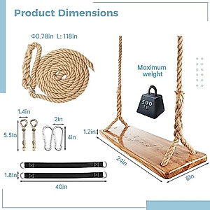 Wooden Tree Swing, 500lbs Load Capacity Heavy-Duty Wooden Swing for Adults & Kids, Waterproof Hanging Swing Seat with Adjustable Height for Indoor & Outdoor