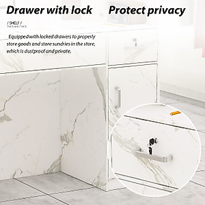 AGOTENI Reception Desk Reception Stations with Open Shelf & Drawers, Wooden Counter Desk with Lockable Drawer for Office Reception Room (Marble White)