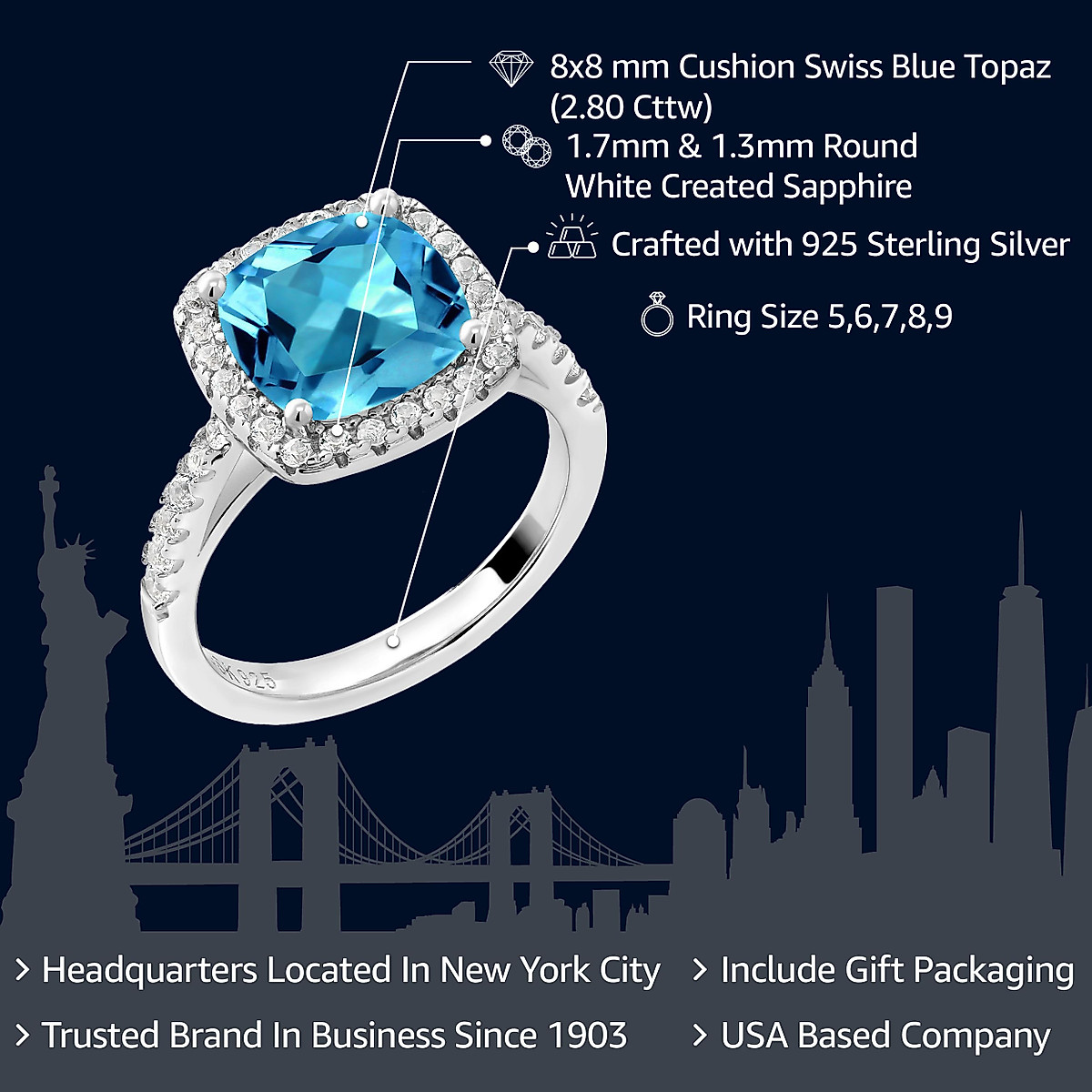 Gem Stone King 925 Sterling Silver Swiss Blue Topaz and White Created Sapphire Engagement Ring For Women (2.80 Cttw, Cushion Cut 8MM, Available in size 5, 6, 7, 8, 9)