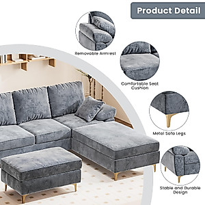 Lamerge L Shaped Sectional Couch for Living Room, Velvet Modular Sectional Sofa Set with Ottoman & Chaise, Comfy Living Room Furniture Sets with 2 Pillows, Oversized Corner Sofa Couch, Grey