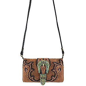Justin West Patina Girl Western Bronze Floral Buckle Handbag Purse Tote and Strap Wallet (Brown Tote and Wallet)
