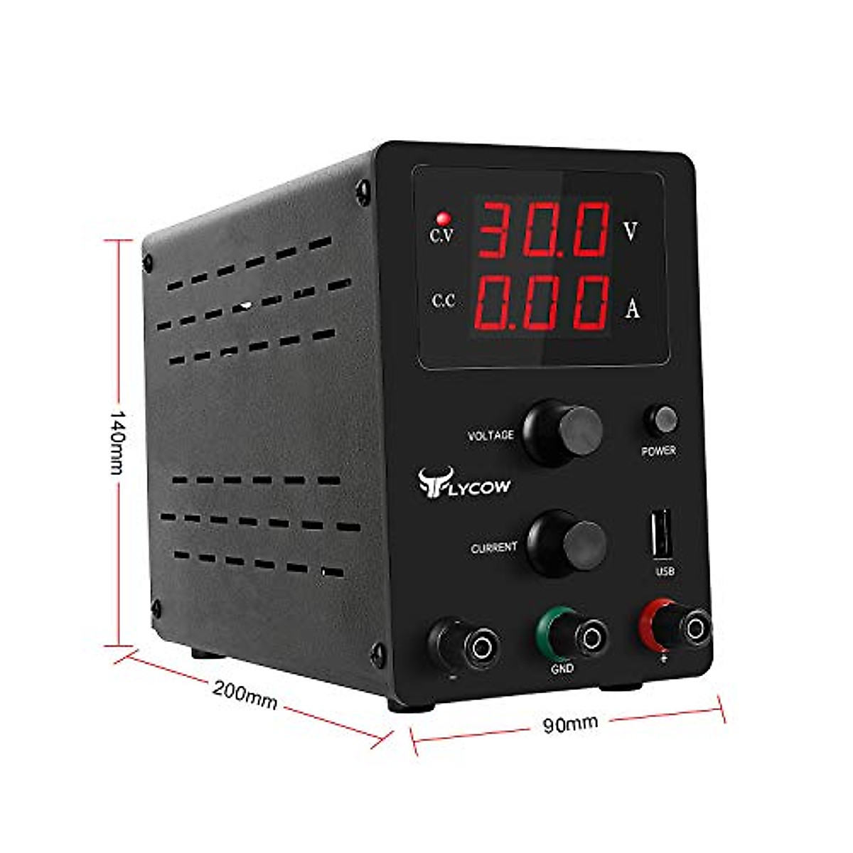 Flycow DC Power Supply Variable, Adjustable 30V 10A Switching DC Regulated Power Supply with 3 Digit LED Display Reverse Polarity/High Temperature Protection 110V/100CM Alligator Leads Included