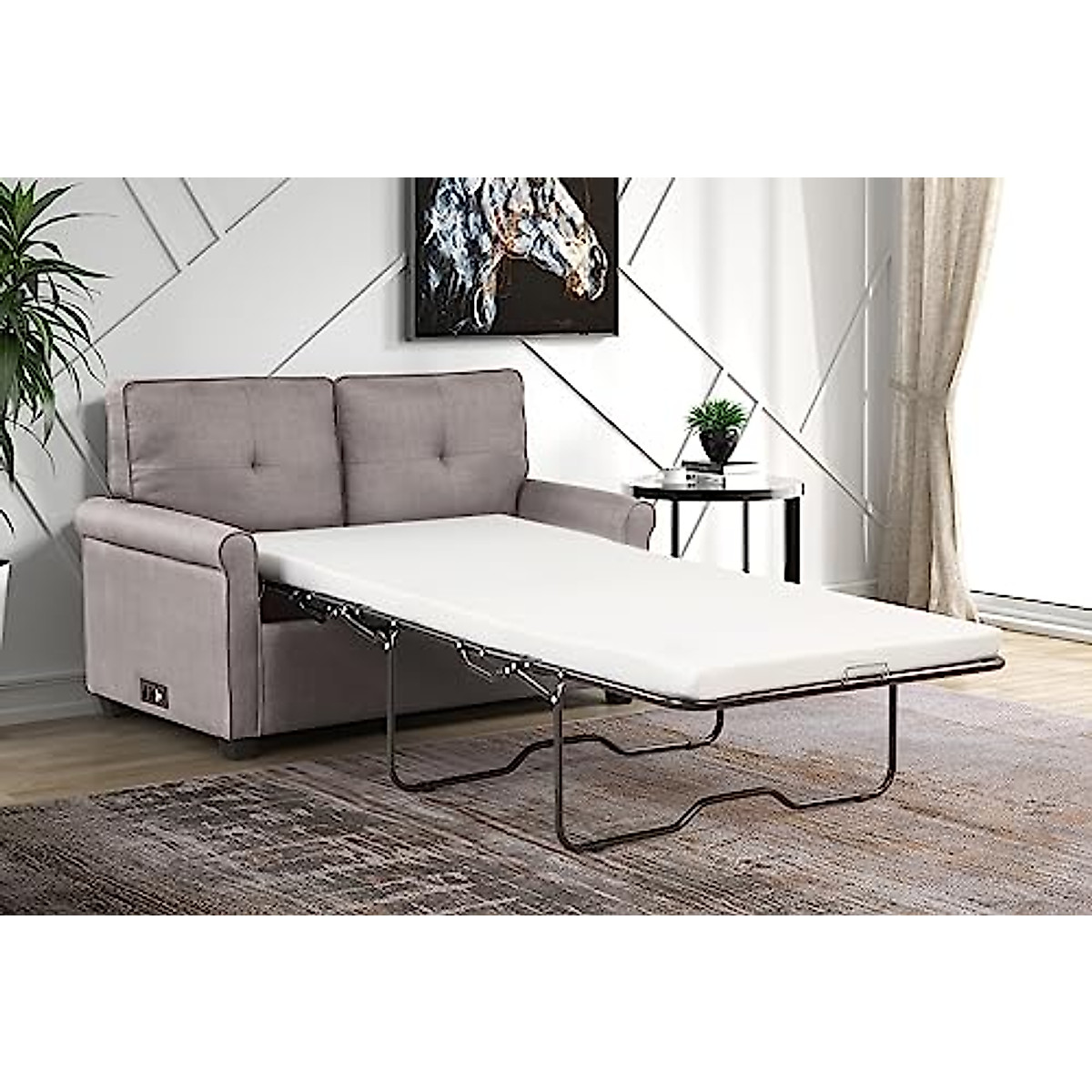 JUBILOOM Pull Out Couch Sofa Beds with 2 USB Ports, 2-in-1 Convertible Folding Futon Sleeper Bed, Upholstery Twin Loveseat Sofa for Living Room Apartment, Office Small Space, Dorm, (Light Grey)