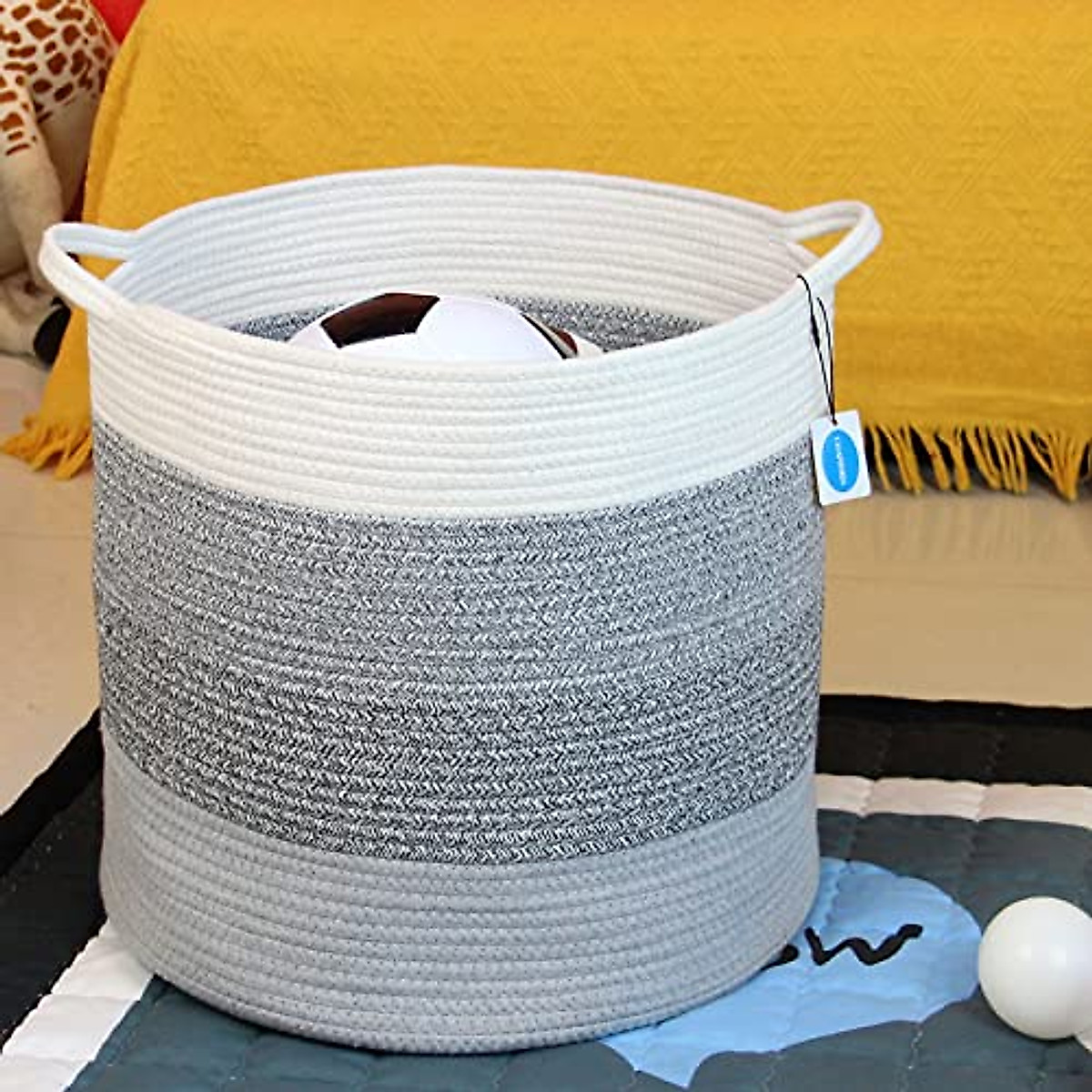 Casaphoria Cotton Rope Storage Basket for Organizing,Round Blanket Basket Living Room,Woven Laundry Basket with Handles for Bathroom Bedroom,Stripe Woven Cotton Laundry Hamper,Gradient Gray
