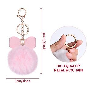 Hicarer 12 Pieces Fluffy Pom Pom Keychain Bulk Bow Rhinestone Faux Pompoms Keyring for Women Bags Craft, 12 Colors(Pastel Colors)