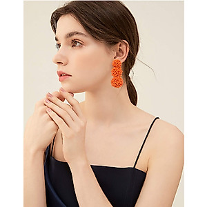 Statement Beaded Earrings Bohemian Handmade Layered Drop Dangle Earring Long Triple Acrylic Seed Bead Stud Earring for Women (Orange)