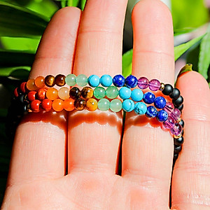 Azenway Charged Healing Crystal Bracelet - Natural 4mm Gemstones with 14k Gold Filled Bead, Stretch Cord - Semi-Precious Jewelry for Women & Men (7 Chakra Black Onyx, Medium)