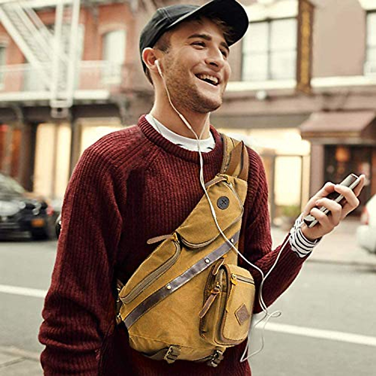 FANDARE Vintage Shoulder Backpack Cross Body Bag Sling Bag Chest Pack Bag Chest Strap Bag One Strap Messenger Bag Backpack Men/Women Cycling Hiking Camping Outdoor Travel Bag Canvas Khaki