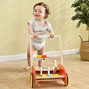 labebe-Baby Push and Pull Toy, Infant Multi-Activity Learning Walker, Sit to Stand Wooden Walker for Children 1 Year Old and Up, Toddler Red Push Walking Cart with Wheels for Boys & Girls