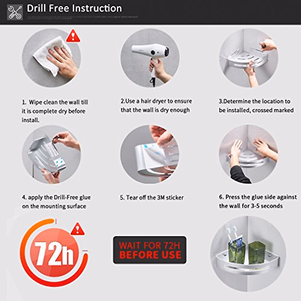 BESy Shower Corner Caddy Bathroom Shower Corner Shelf with Two Hooks, Self Adhesive with Glue or Wall Mount with Screws,Heavy Duty Aluminum 3 Tier Storage Shelves Triangle Baskets,Dull Polished Silver