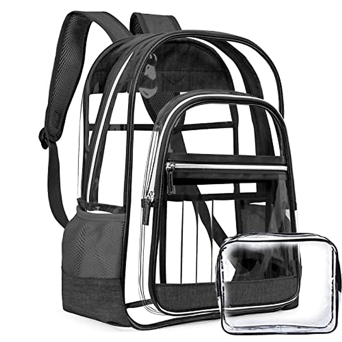 RRRWEI Clear Backpack Stadium Approved Heavy Duty Backpack Women School Bookbag Transparent Pvc For Men,Work,Security,Travel (BLACK WITH MAKE UP BAG)