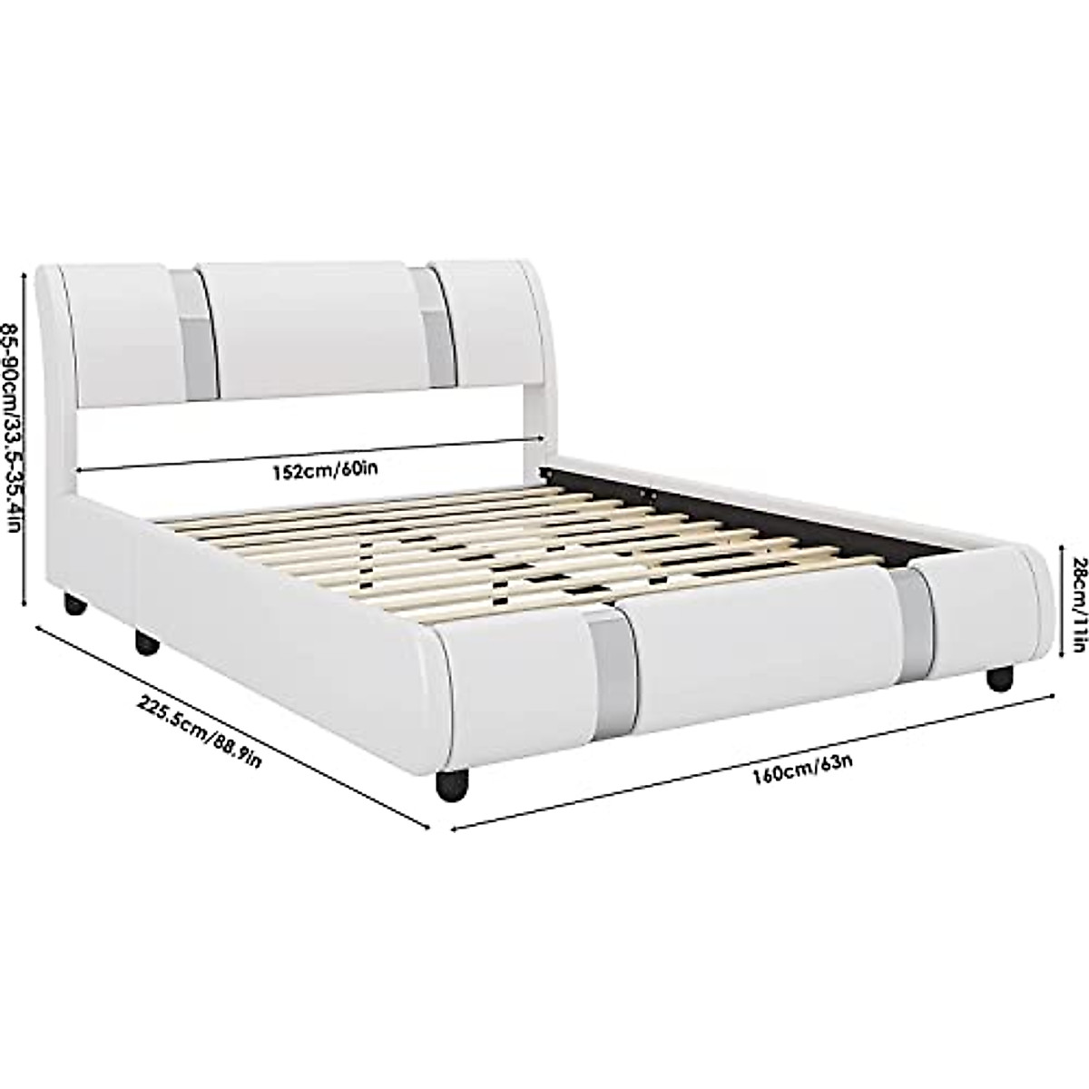 Keyluv Modern Faux Leather Upholstered Platform Bed Frame with Mirror Metal Decoration Headboard, Curved Headboard, Wooden Slats Support, No Box Spring Needed, Queen Size, White