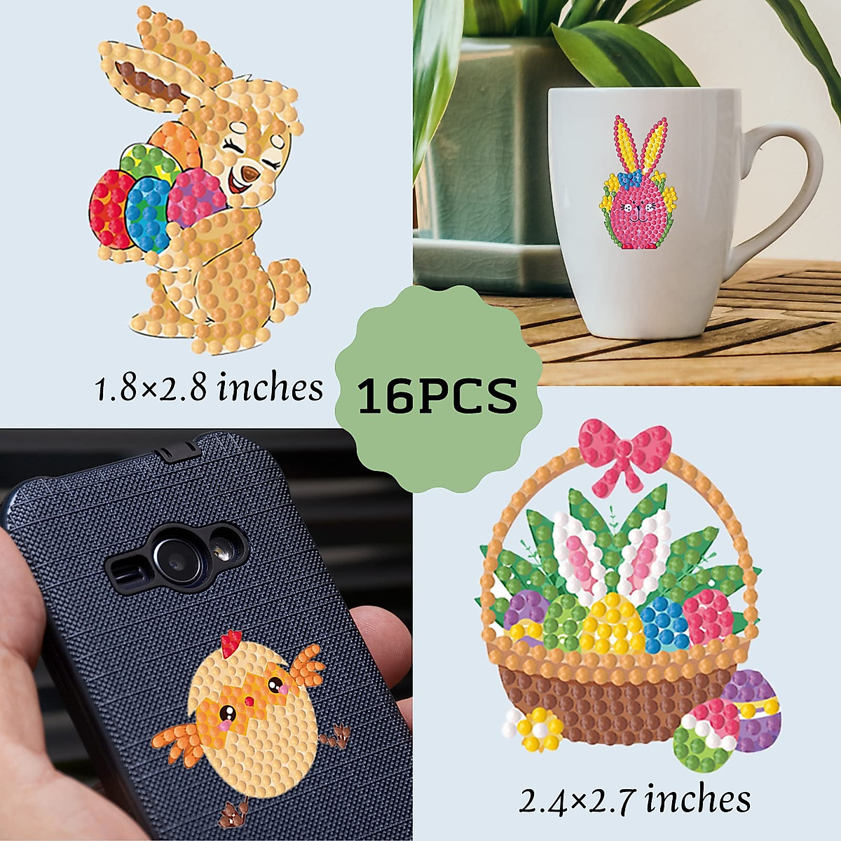 DERFILIN 16PCS Diamond Painting Stickers Set for Kids, 5D Easter Eggs Bunny Mosaic Stickers, DIY Creative Crafts for Boys and Girls Gem Art Set
